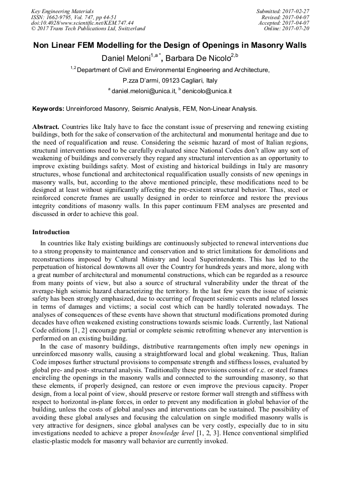 Non Linear Fem Modelling for the Design of Openings in Masonry Walls ...