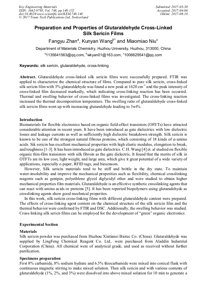 Preparation and Properties of Glutaraldehyde Cross-Linked Silk Sericin Films | Scientific.Net