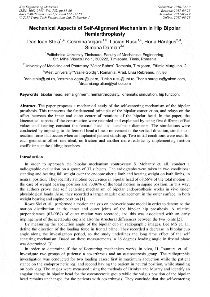 Mechanical Aspects of Self-Alignment Mechanism in Hip Bipolar ...