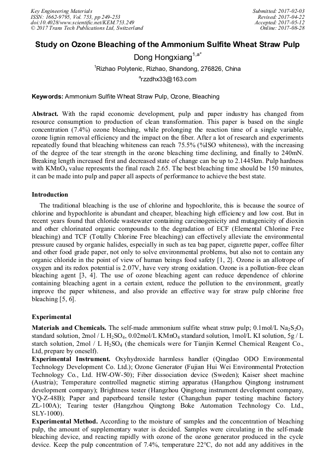 Study on Ozone Bleaching of the Ammonium Sulfite Wheat Straw Pulp ...