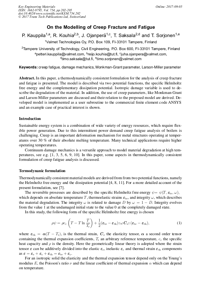 On the Modelling of Creep Fracture and Fatigue | Scientific.Net