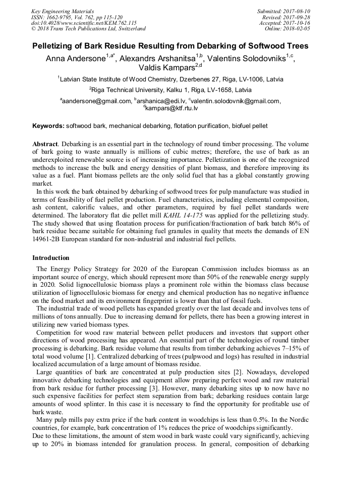 Pelletizing of Bark Residue Resulting from Debarking of Softwood Trees ...