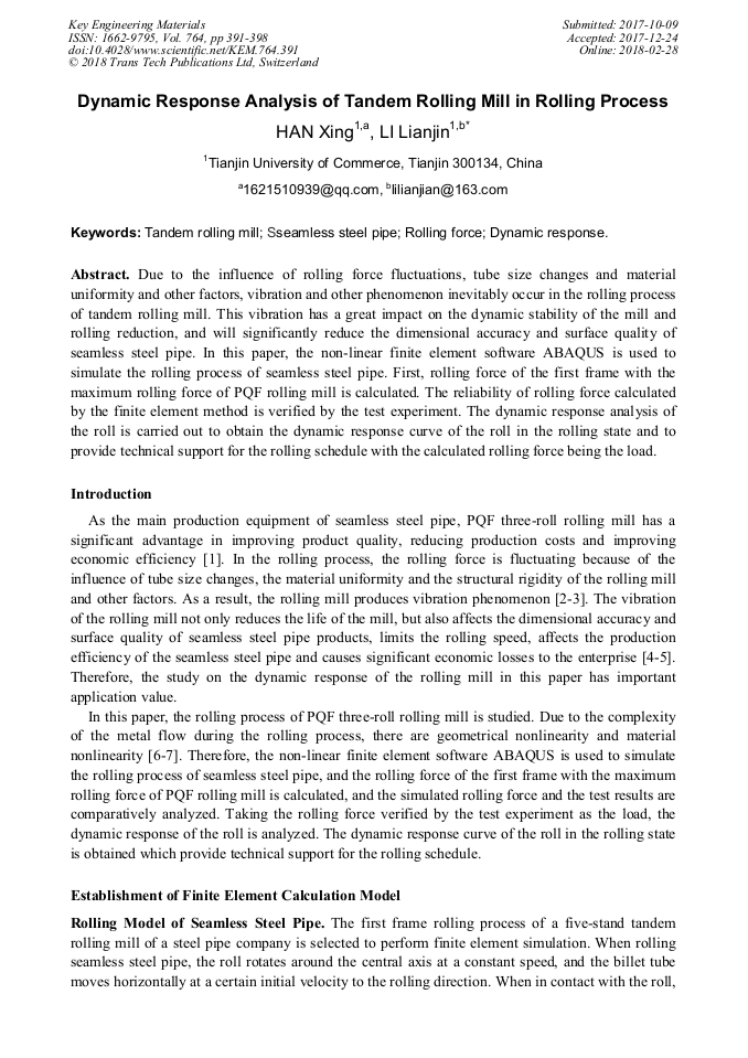 Dynamic Response Analysis of Tandem Rolling Mill in Rolling Process ...