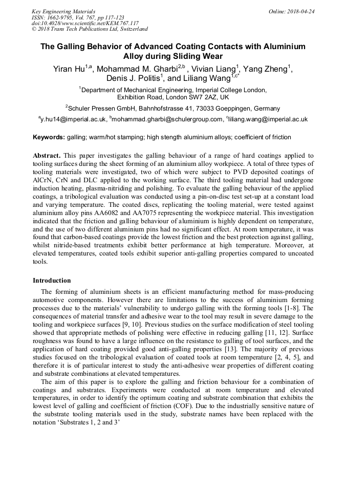 The Galling Behavior of Advanced Coating Contacts with Aluminium Alloy ...