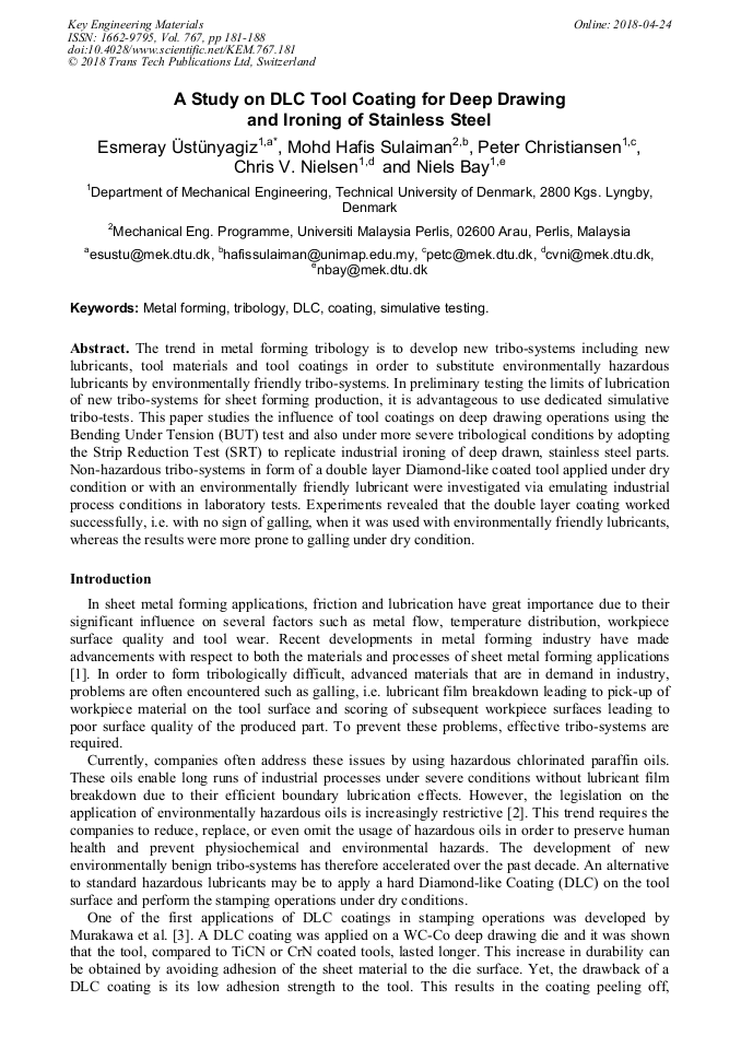 A Study on DLC Tool Coating for Deep Drawing and Ironing of Stainless ...