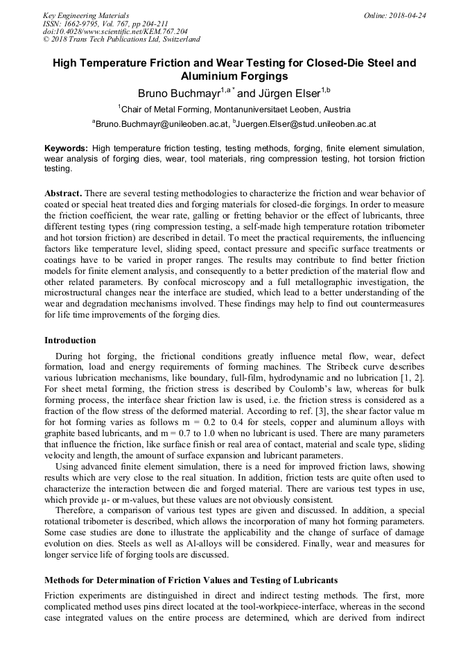 High Temperature Friction and Wear Testing for Closed-Die Steel and ...
