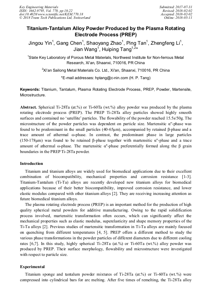 Titanium-Tantalum Alloy Powder Produced by the Plasma Rotating ...