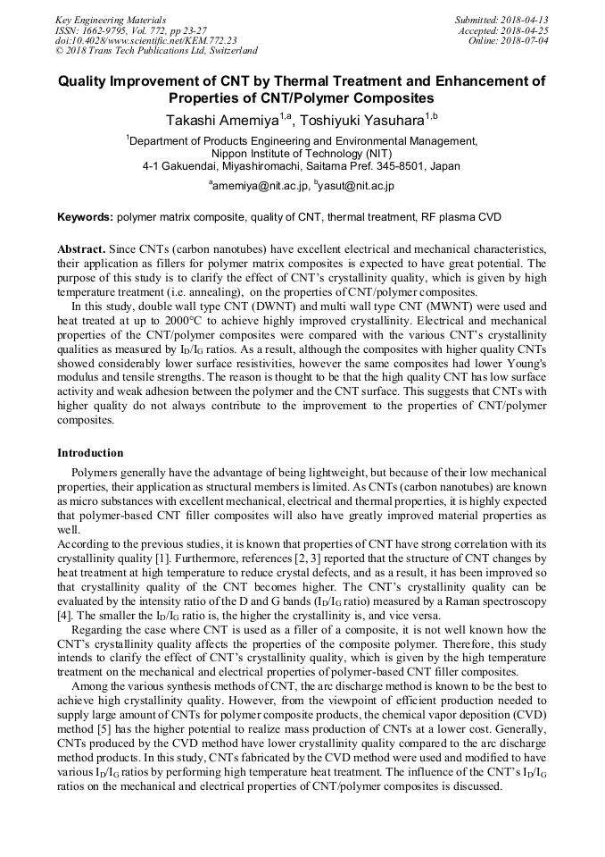 Quality Improvement of CNT by Thermal Treatment and Enhancement of ...