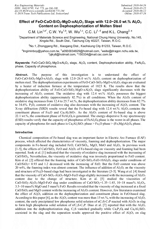 Effect of FeO-CaO-SiO2-MgO-xAl2O3 Slags with 12.0~26.0 wt.% Al2O3 Content on Dephosphorization ...