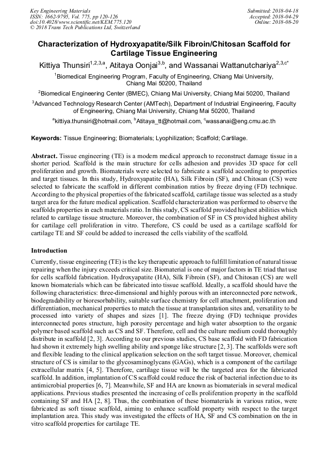 Characterization of Hydroxyapatite/ Silk Fibroin/ Chitosan Scaffold for Cartilage Tissue ...