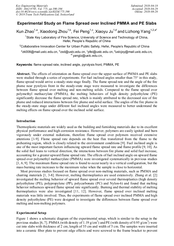 Experimental Study on Flame Spread over Inclined PMMA and PE Slabs ...