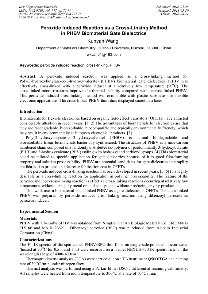 Peroxide Induced Reaction as a Cross-Linking Method in PHBV Biomaterial ...