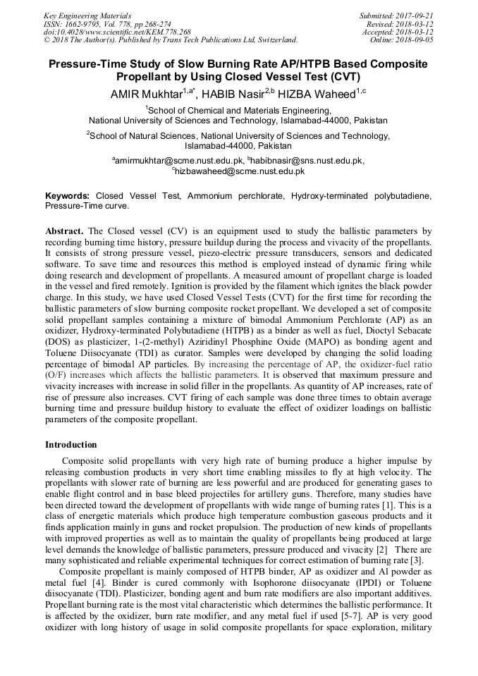 Pressure-Time Study of Slow Burning Rate Ap/HTPB Based Composite ...