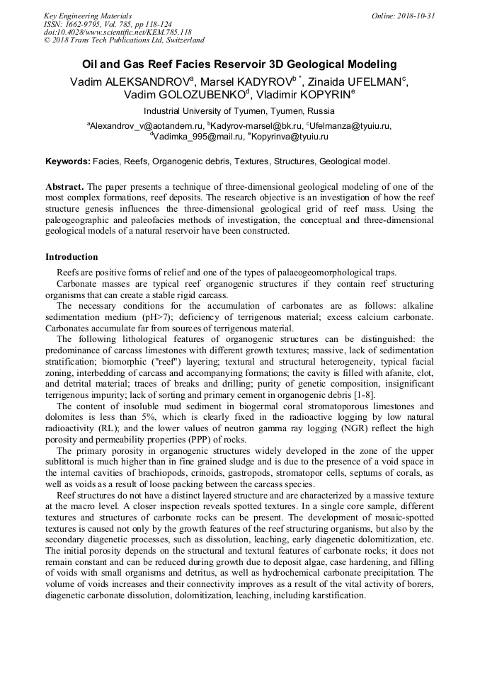 Oil and Gas Reef Facies Reservoir 3D Geological Modeling | Scientific.Net