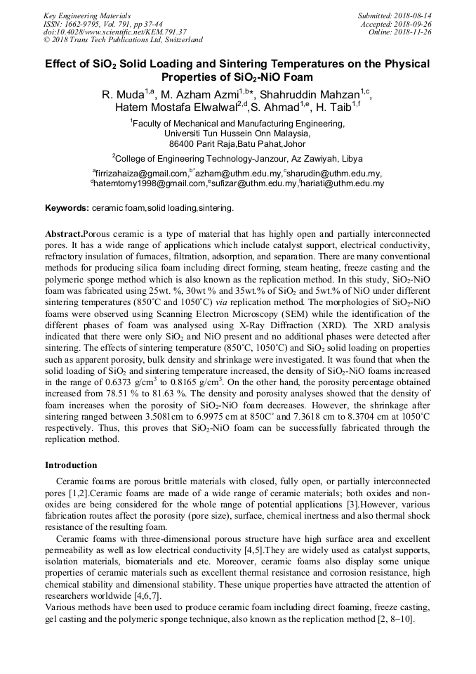 Effect Of Sio2 Solid Loading And Sintering Temperatures On The Physical Properties Of Sio2 Nio