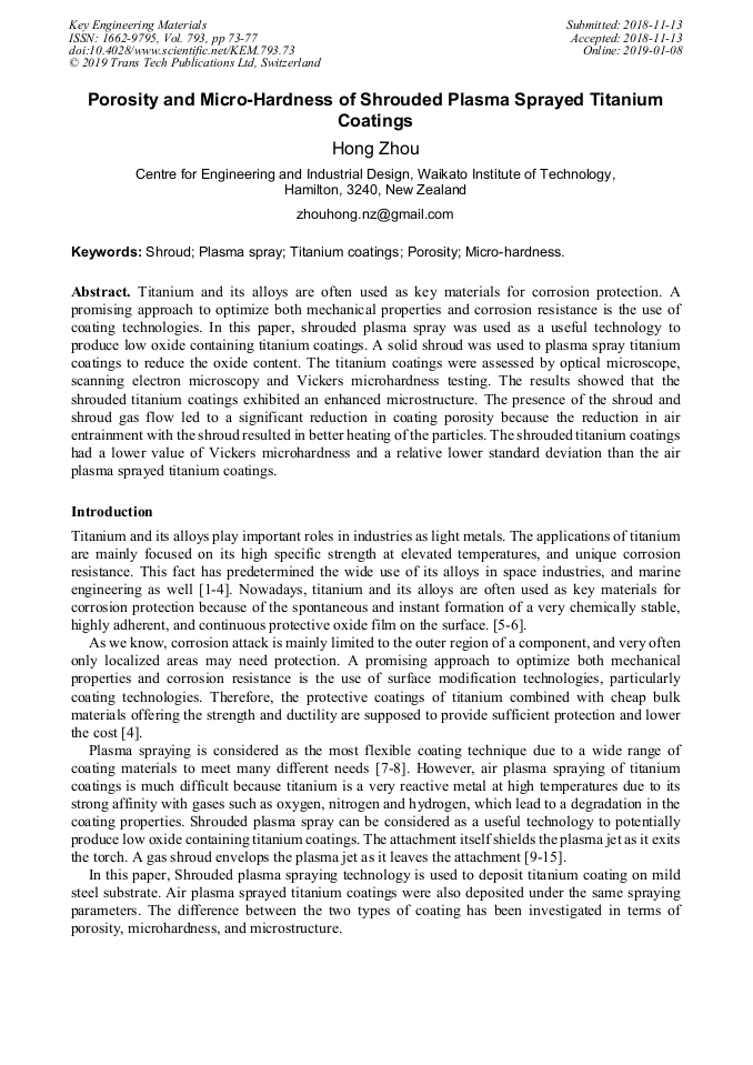 Porosity and Micro-Hardness of Shrouded Plasma Sprayed Titanium ...