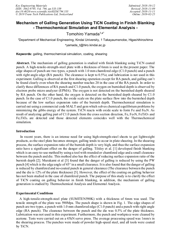 Mechanism of Galling Generation Using TiCN Coating in Finish Blanking ...