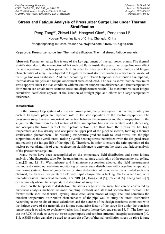 Stress and Fatigue Analysis of Pressurizer Surge Line under Thermal ...