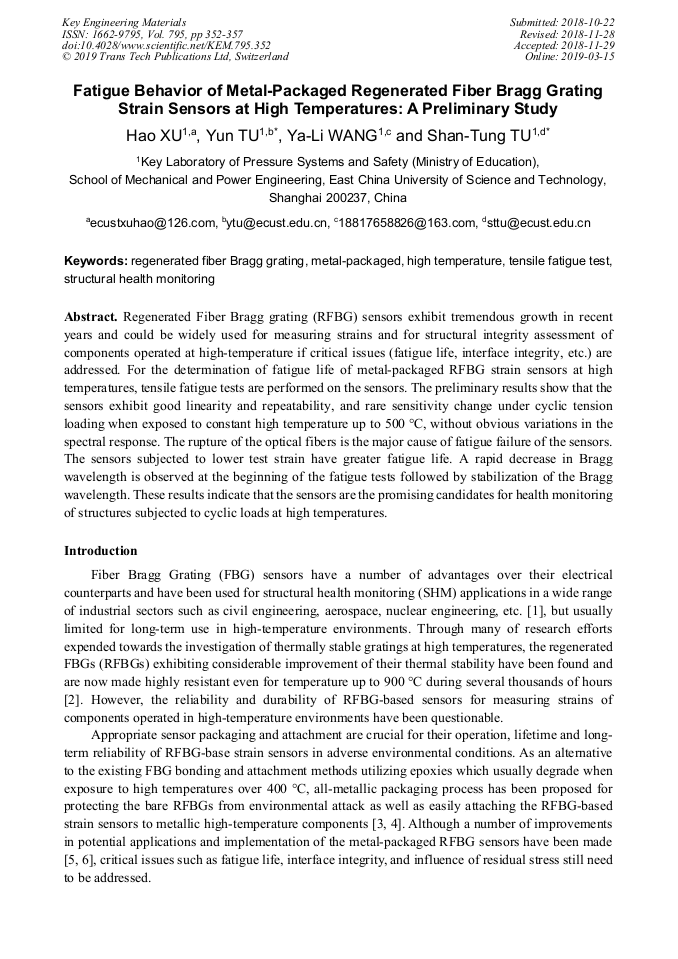 Fatigue Behavior of Metal-Packaged Regenerated Fiber Bragg Grating ...