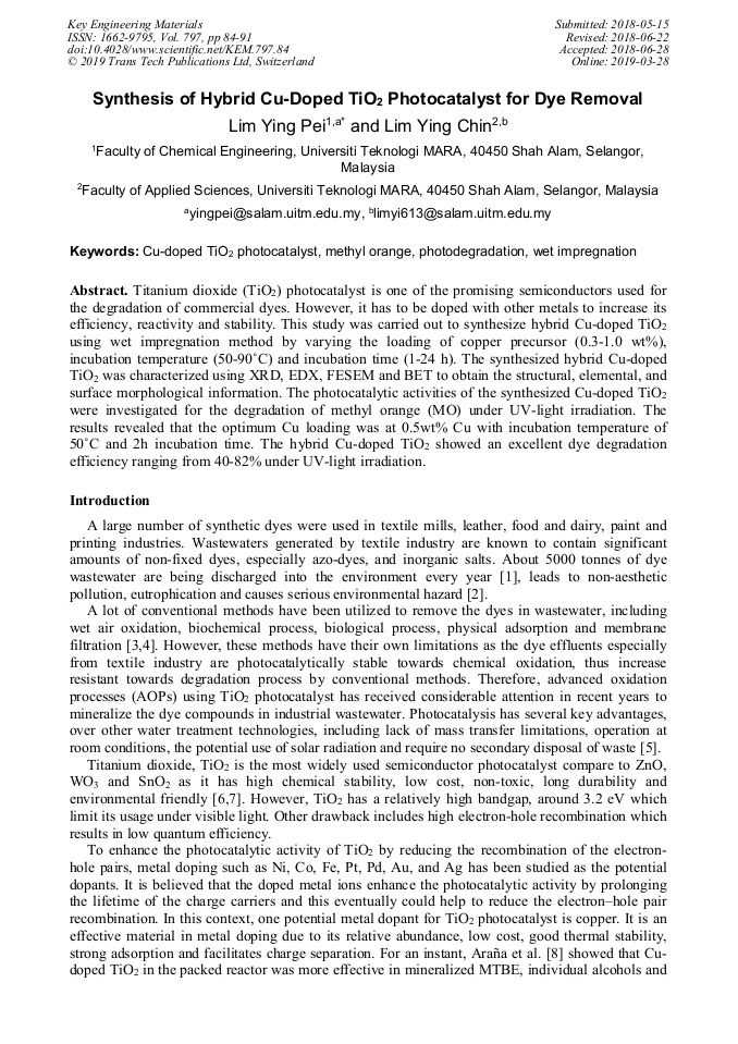 Synthesis of Hybrid Cu-Doped TiO2 Photocatalyst for Dye Removal ...