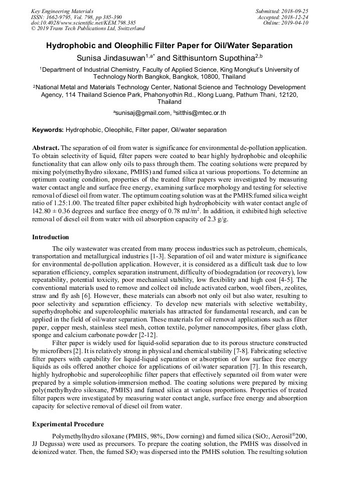 Hydrophobic and Oleophilic Filter Paper for Oil/Water Separation ...