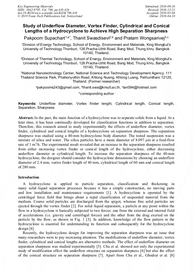 Study of Underflow Diameter, Vortex Finder, Cylindrical and Conical ...