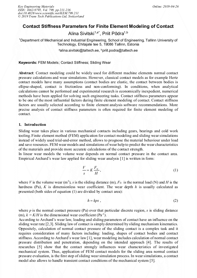 Contact Stiffness Parameters for Finite Element Modeling of Contact ...