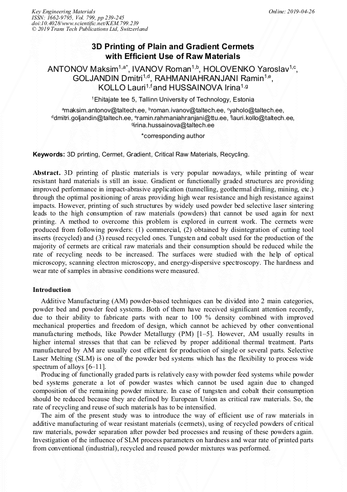 3D Printing of Plain and Gradient Cermets with Efficient Use of Raw ...