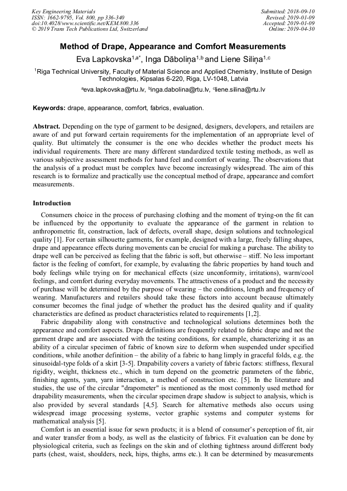 Method of Drape, Appearance and Comfort Measurements | Scientific.Net