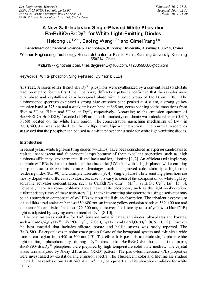 A New Salt-Inclusion Single-Phased White Phosphor Ba7B3SiO13Br:Dy3+ for ...