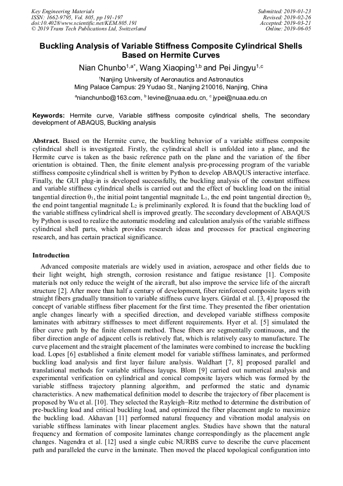 Buckling Analysis of Variable Stiffness Composite Cylindrical Shells Based on Hermite Curves ...