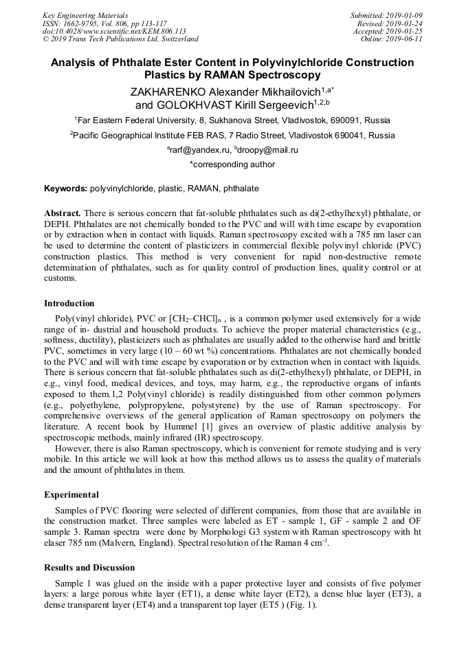 Analysis of Phthalate Ester Content in Polyvinylchloride Construction Plastics by RAMAN ...