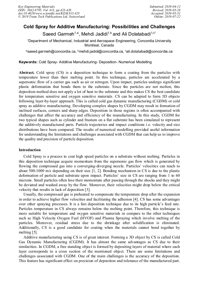 Cold Spray for Additive Manufacturing: Possibilities and Challenges ...