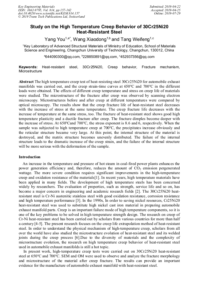 Study on the High Temperature Creep Behavior of 30Cr25Ni20 Heat ...