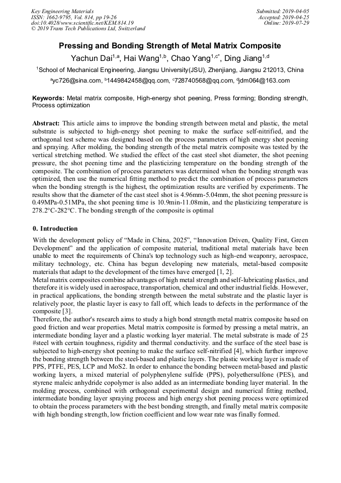 Pressing and Bonding Strength of Metal Matrix Composite | Scientific.Net