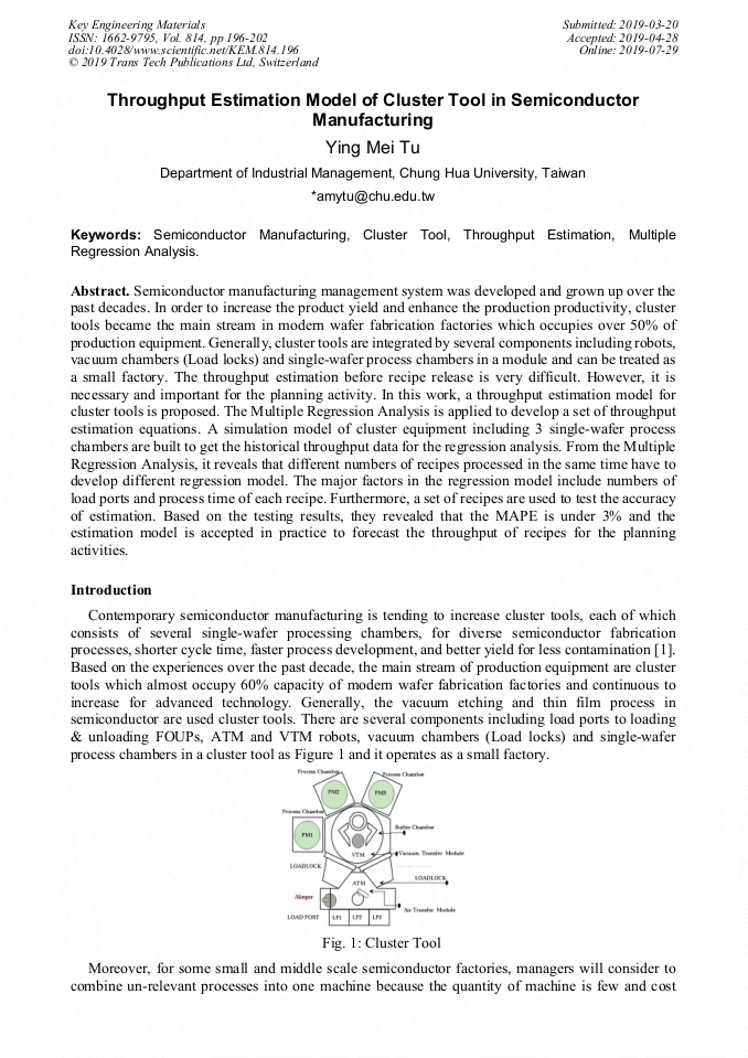 Throughput Estimation Model of Cluster Tool in Semiconductor ...