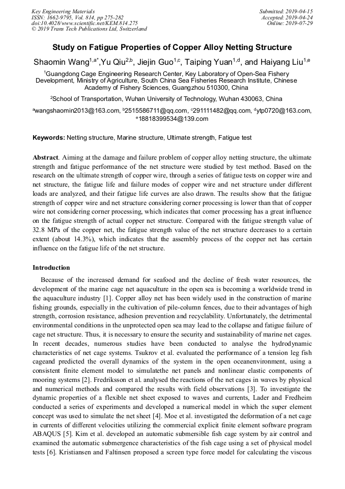 Study on Fatigue Properties of Copper Alloy Netting Structure ...