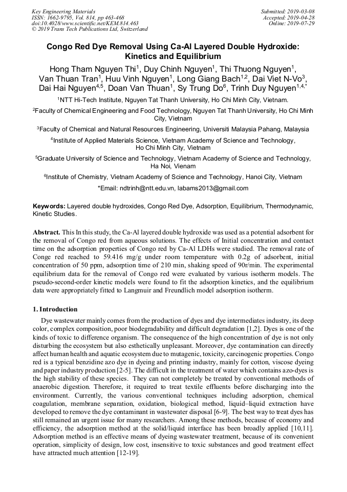 Congo Red Dye Removal Using Ca-Al Layered Double Hydroxide: Kinetics ...