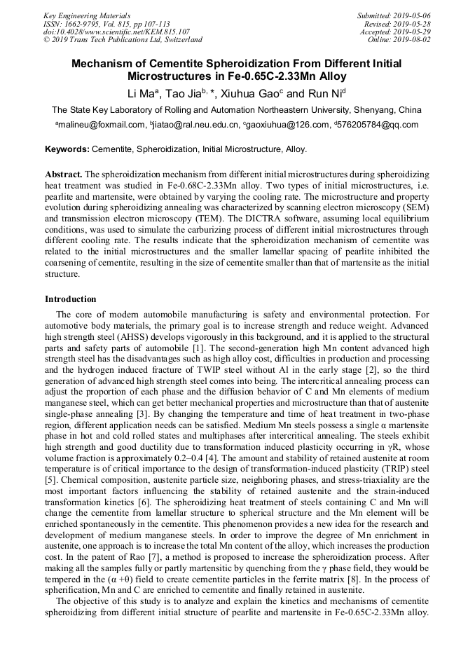 Mechanism of Cementite Spheroidization from Different Initial ...