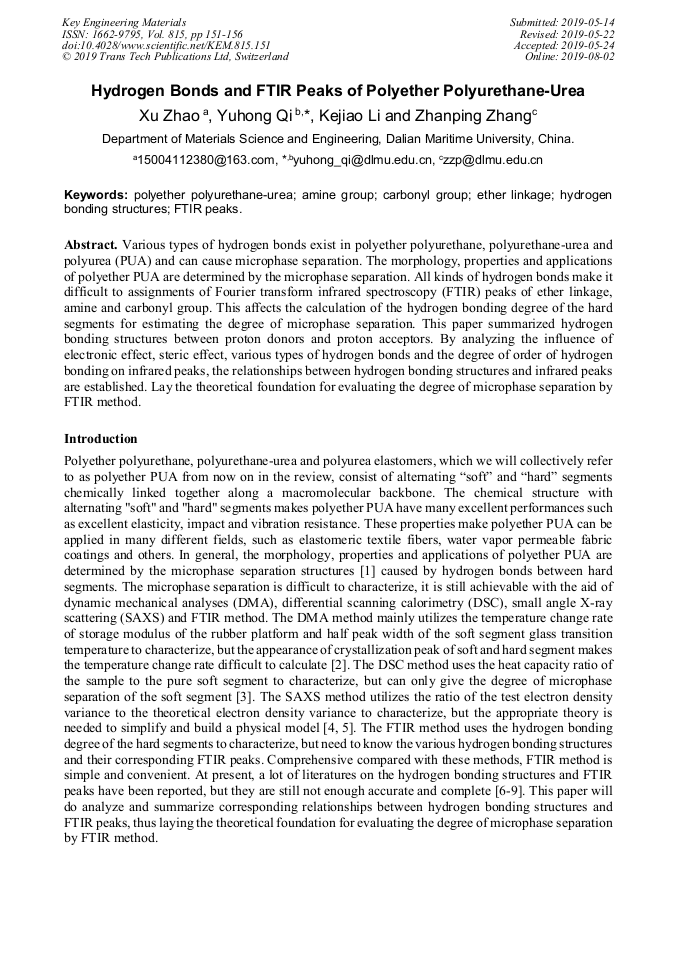 Hydrogen Bonds and FTIR Peaks of Polyether Polyurethane-Urea ...