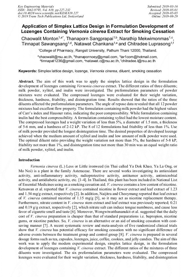 Application of Simplex Lattice Design in Formulation Development of ...
