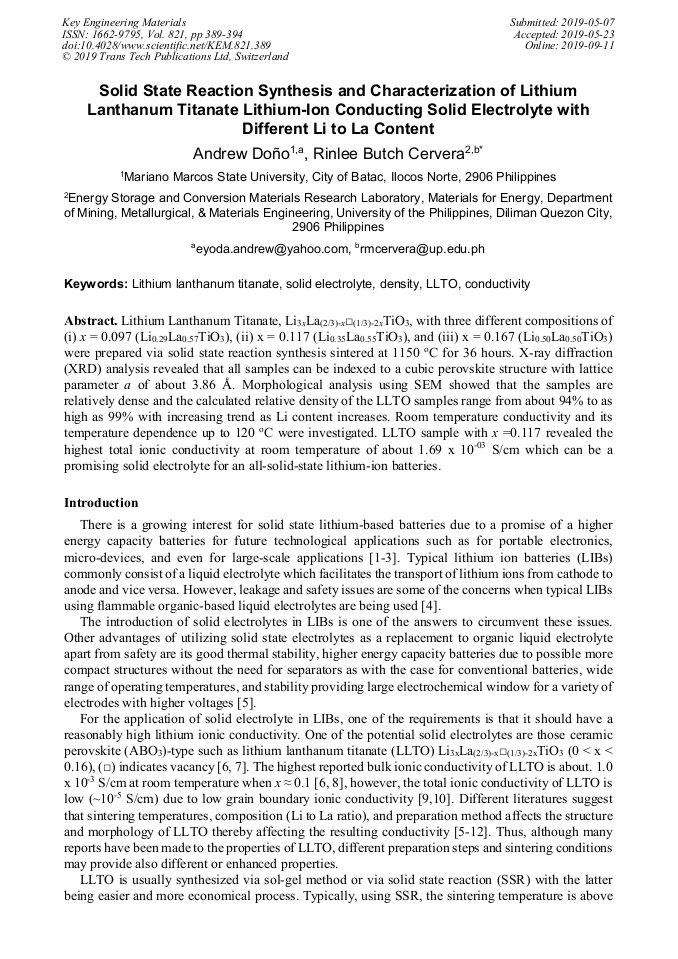 Solid State Reaction Synthesis and Characterization of Lithium ...