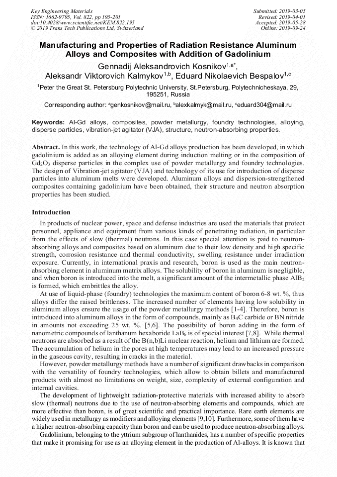 Manufacturing and Properties of Radiation Resistance Aluminum Alloys ...