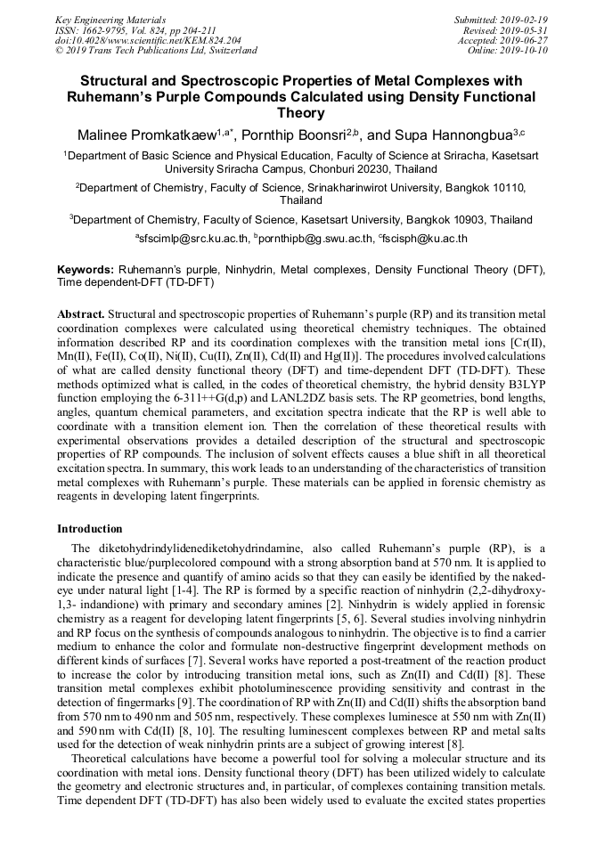 Structural and Spectroscopic Properties of Metal Complexes with ...