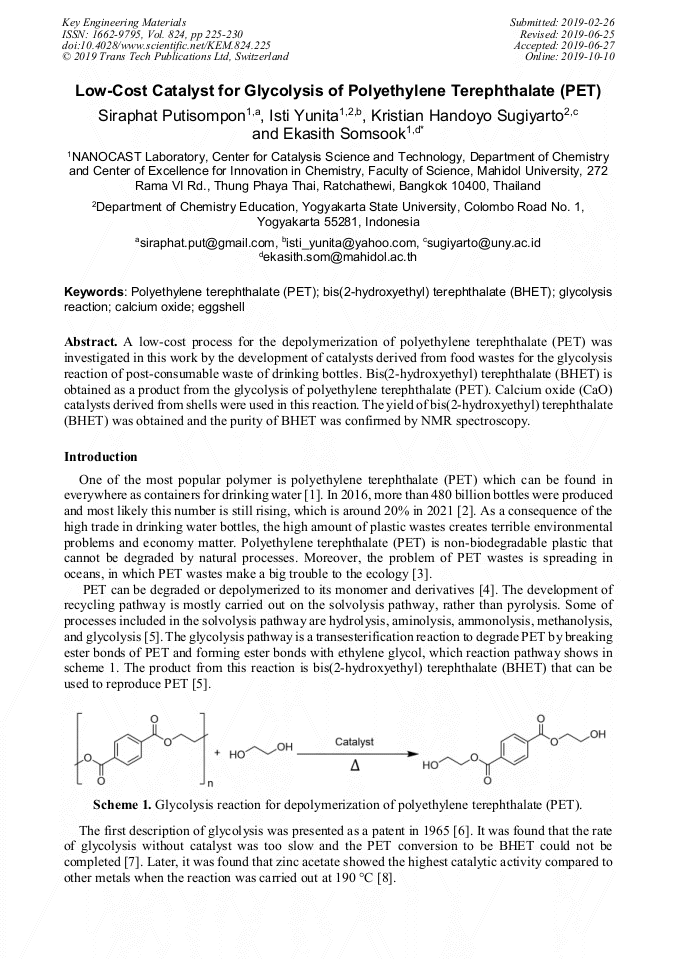 Low-Cost Catalyst for Glycolysis of Polyethylene Terephthalate (PET ...