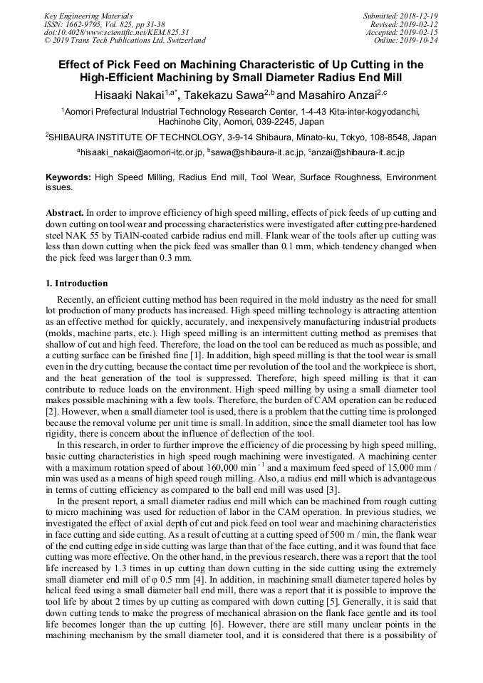 Effect of Pick Feed on Machining Characteristic of Up Cutting in the ...