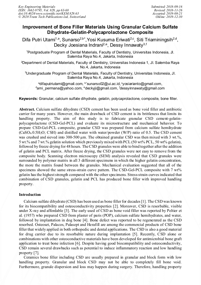 Improvement of Bone Filler Materials Using Granular Calcium Sulfate ...
