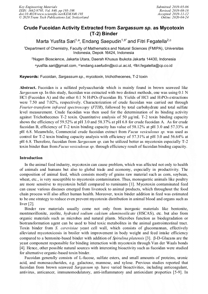 Crude Fucoidan Activity Extracted from Sargassum sp. as Mycotoxin (T-2 ...