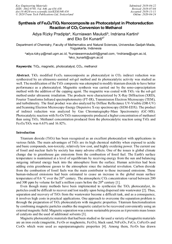 Synthesis of Fe3O4/TiO2 Nanocomposite as Photocatalyst in Photoreduction Reaction of CO2 ...