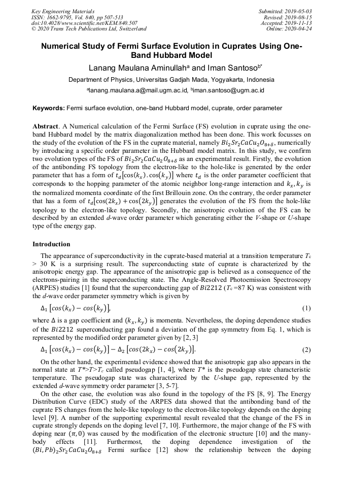 Numerical Study of the Fermi Surface Evolution in Cuprates Using the ...